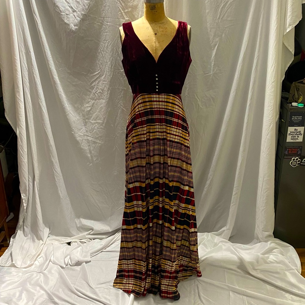 1970s Dark Red Velvet And Plaid Polyester Party Dress - Gem